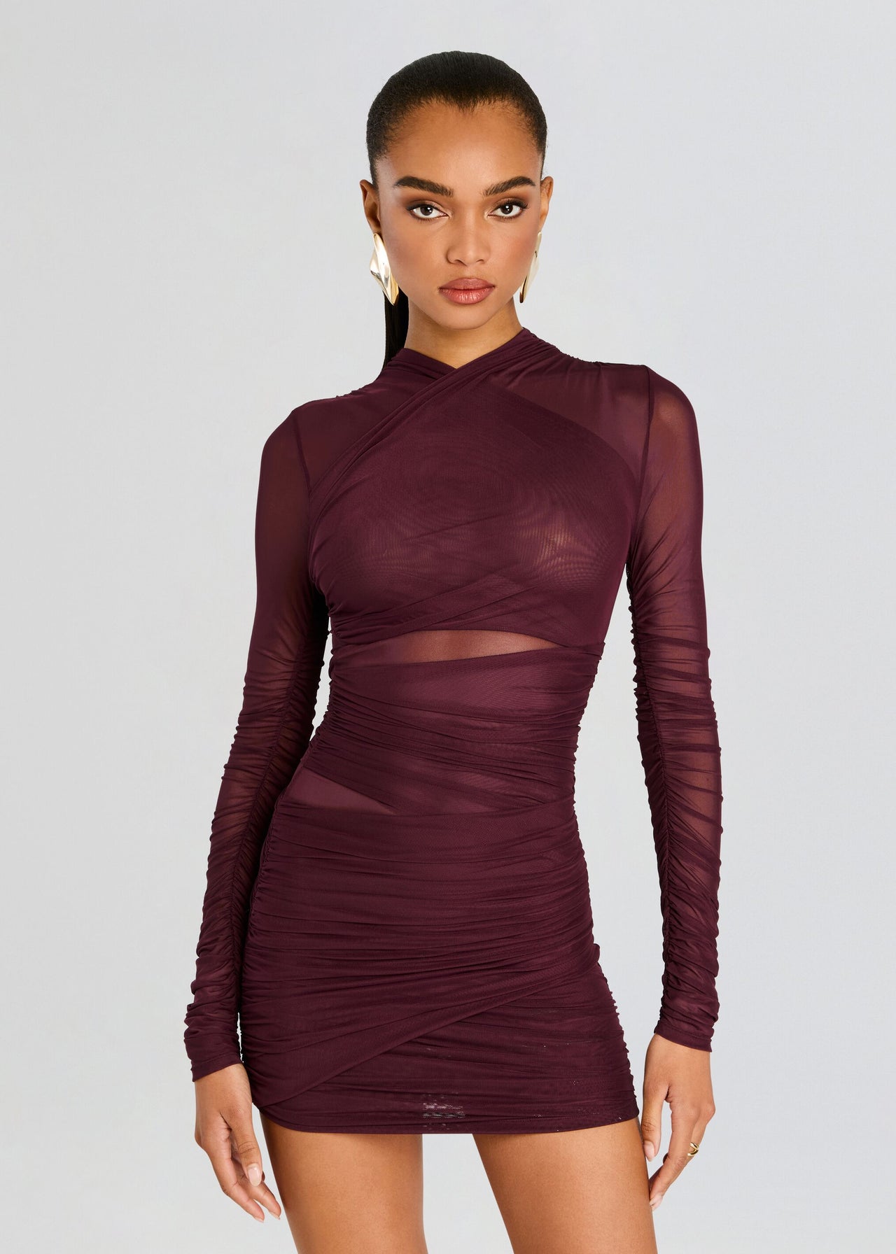 Moxey Ruched Mesh Mini Dress – Retrofete